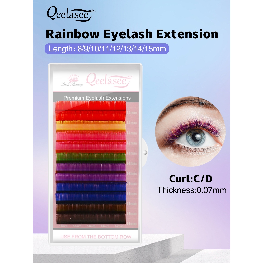 Qeelasee 8 Colors Rainbow Colored Eyelash Extension 0.07mm Faux Mink ...