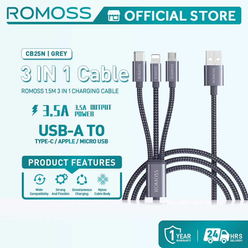 Romoss Cb25 Series 1M Cable 3A / 3.5A Fast Charging Cord Nylon Braid 3 ...