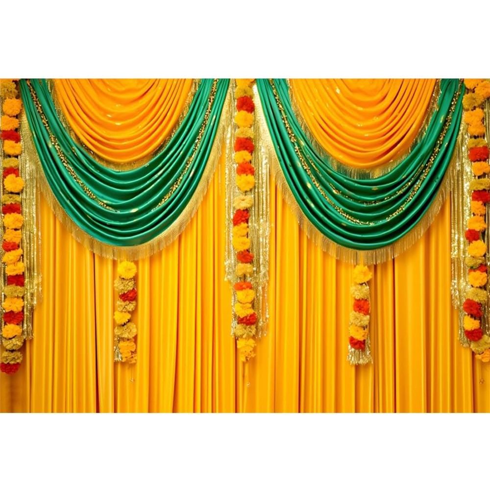 7x5ft Indian Traditional Macrame Marigold Garland Yellow Green Curtain ...