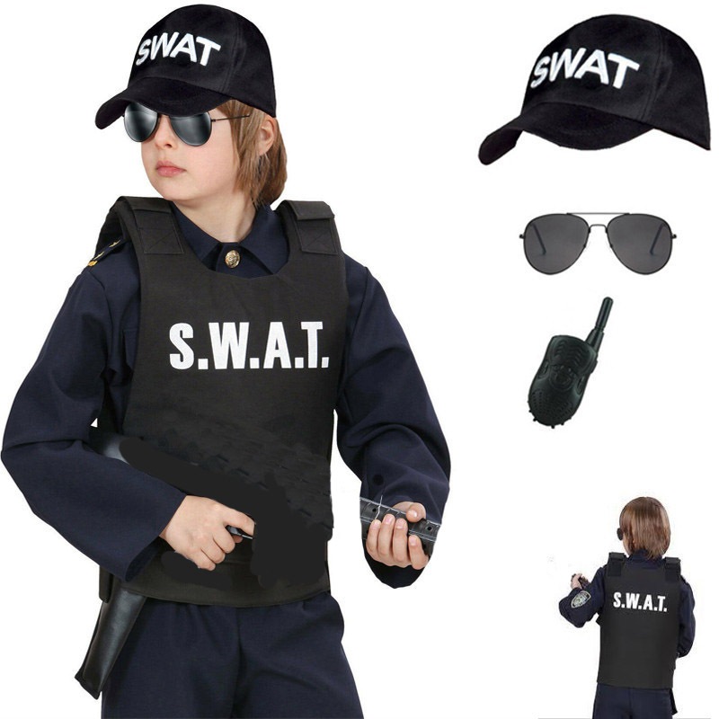 Kids Police Swat Bulletproof Vest & Swat Cap Hat Costume Fancy Dress ...