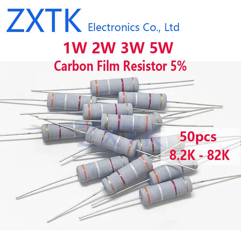 50PCS Carbon film resistor 5% Ohm 1W 2W 3W 5W 8.2K-82K 9.1K 10K 12K 15K 18K 20K 22K 24K 27K 30K ...
