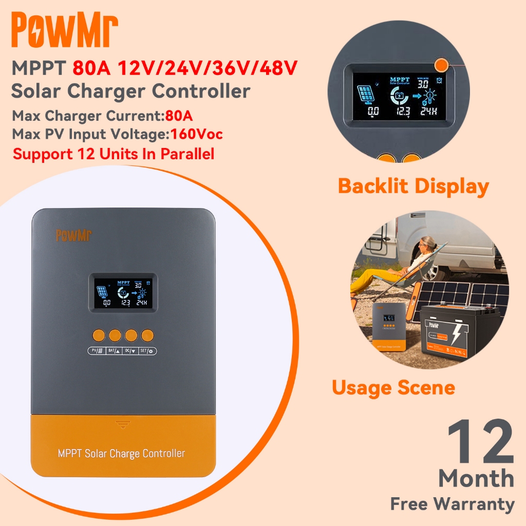 PowMr 80A MPPT Solar Charging Controller 12V-48V Auto Blacklight LCD PV Input Max 160VDC Support ...