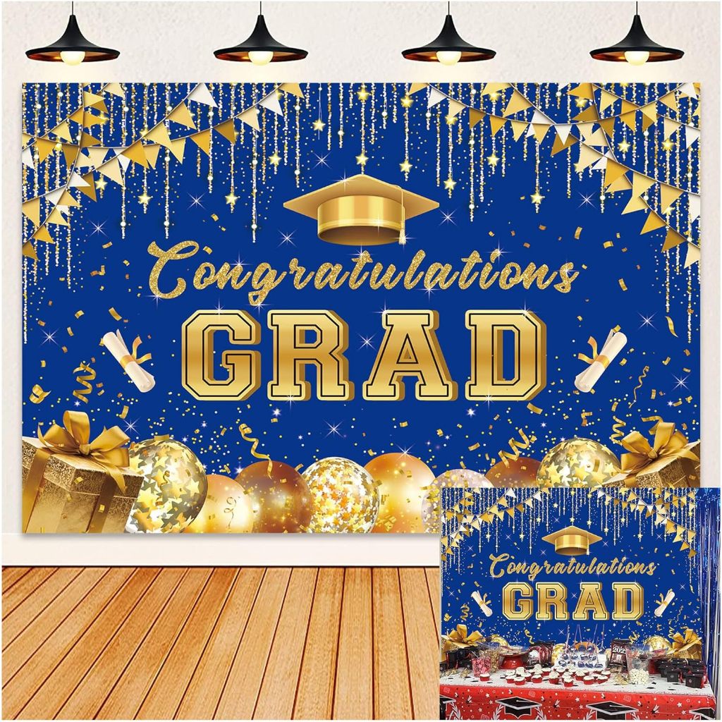 7x5FT Blue Gold Graduate Backdrop Glitter Congratulate Grad Celebration ...