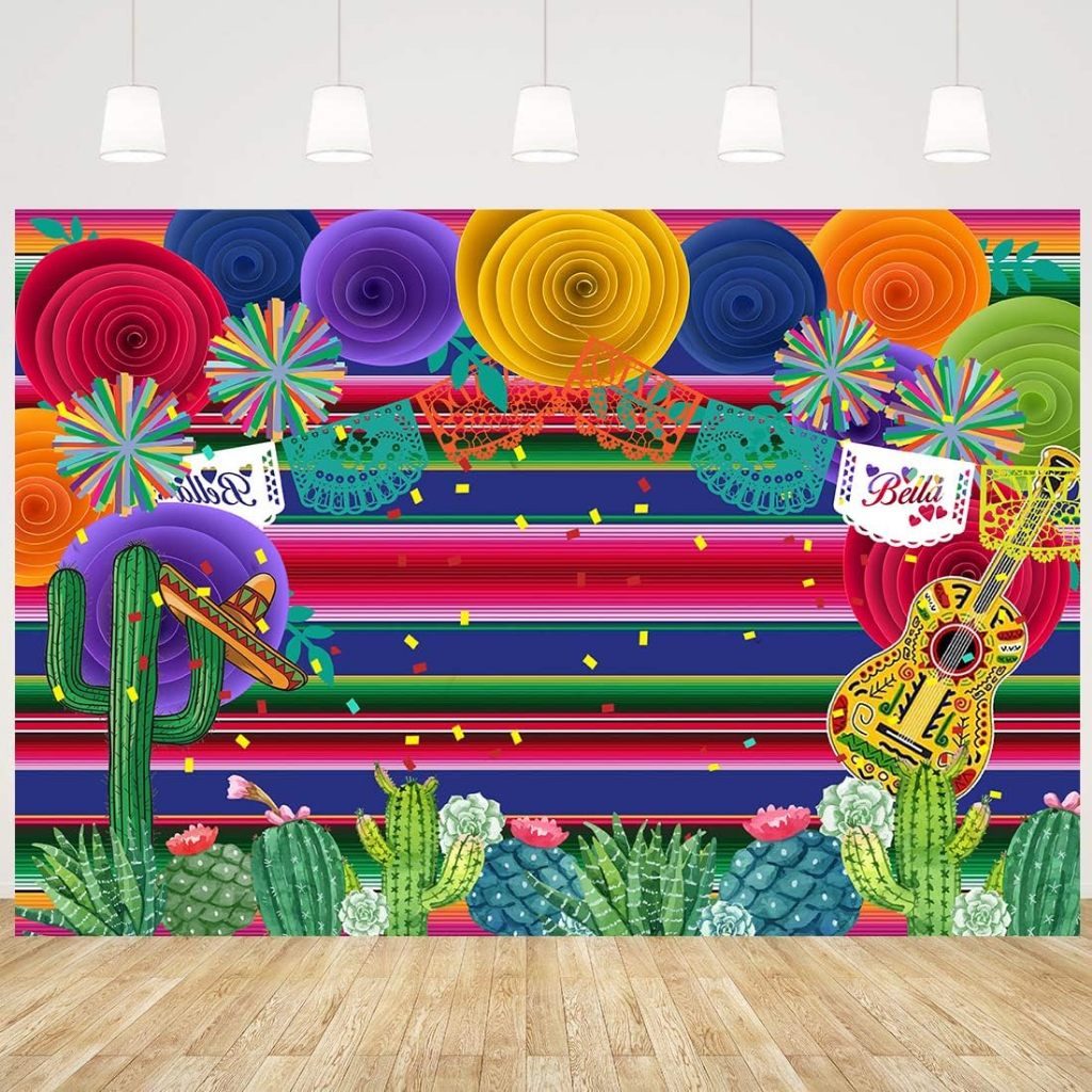 Mexico Fiesta Backdrop Stripes Paper Flowers Flags Cactus Guitar Luau ...