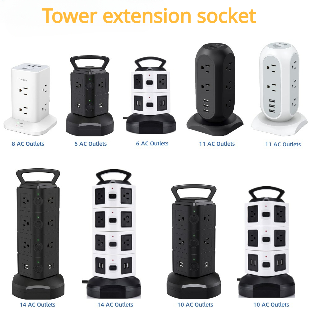 TESSAN Tower Power Extension Socket Multi Plug with USB，Vertical Power ...