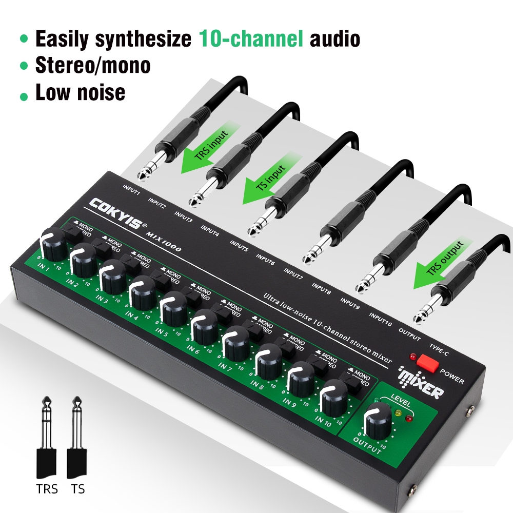 10 Channel Audio Sound Card & Mixer Stereo Mono Switching 6.35mm Input ...