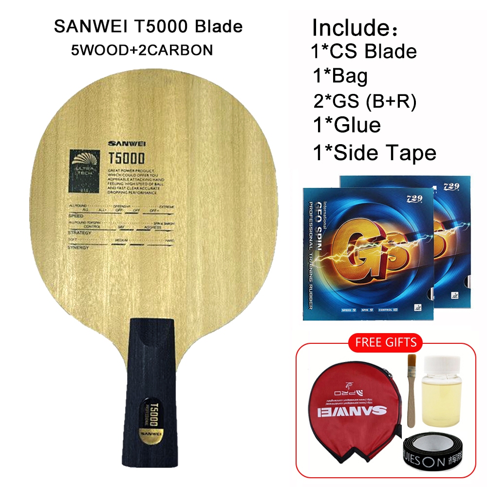Original SANWEI T5000 CARBON Table Tennis Racket Blade (5+2 Carbon)+RXTON 1 Rubber(Black+Red ...