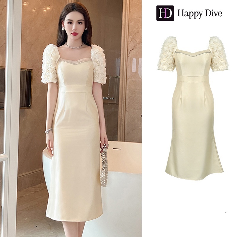 Happy Diva Women's French Cream Satin One Step Dress Puff Sleeves Slim ...