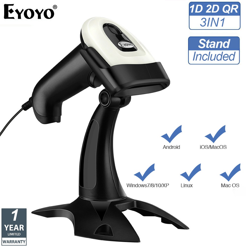 Eyoyo Wireless 2D Barcode Scanner with Stand Via Bluetooth USB Wired ...
