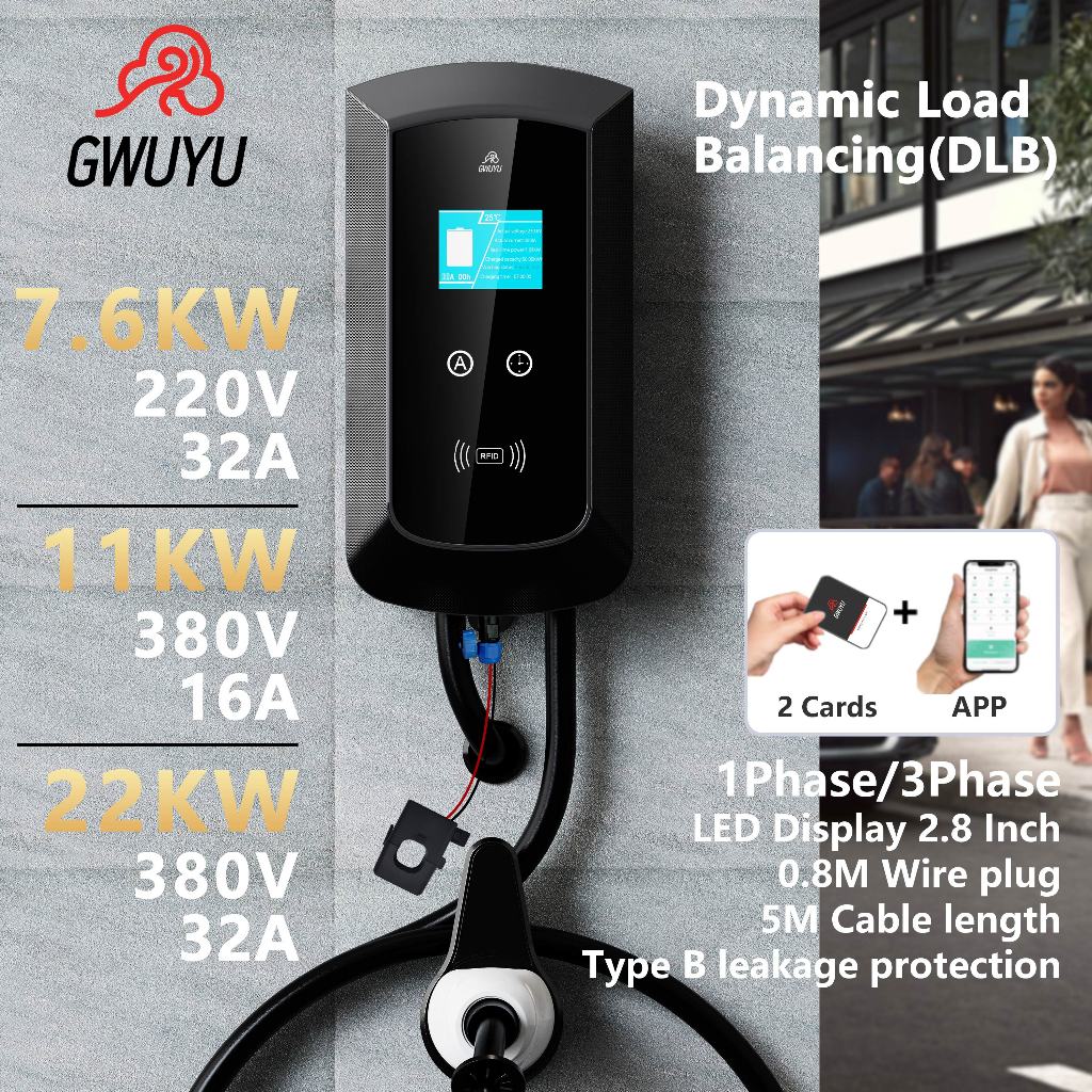 GWUYU JZ14 EV Charging Station Dynamic Load Balancing Type 2 7.6KW 32A 220V 1 Phase APP RFID ...