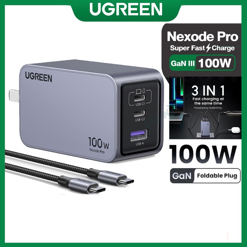 UGREEN 100W Fast charger Nexode Pro GaN USB C Charger 3-Port Fast Wall Charger Travel Charger ...
