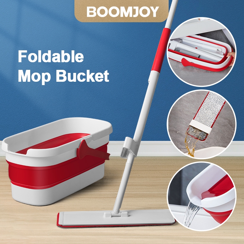 BOOMJOY Flat Squeeze Mop and Folding Bucket Free Hand Washing Floor ...