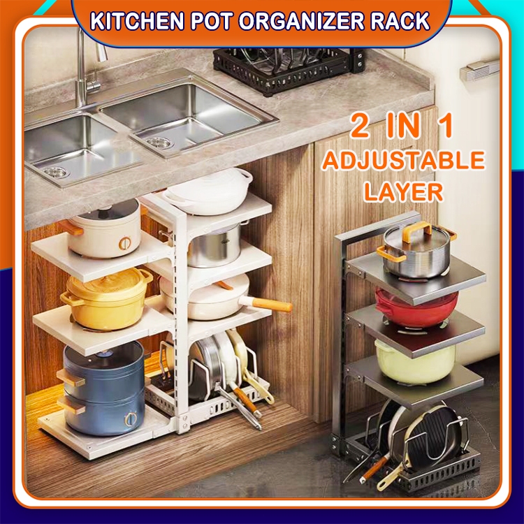【Local spot goods】2-4 Tier Kitchen Pan Organizer Pot Rack Adjustable ...