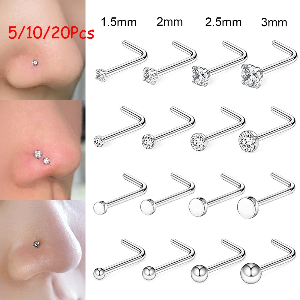 5/10/20Pcs Stainless Steel Nose Stud Set 1.5-3mm Crystal Nostril ...