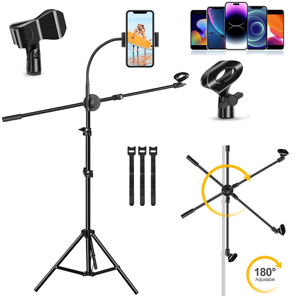 Boom Mic Stand，Dual-use Tripod Microphone Stand with Phone Holder ...