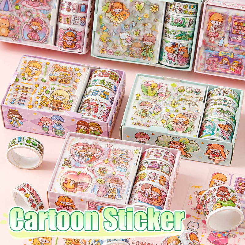 Cartoon Cute Handbook Sticker Tape Set Gift Box DIY Frosted Decoration ...