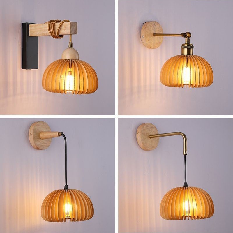 Pumpkin Wooden Lamp Nordic Wall Light Bedroom Bedside Sconce Japanese ...