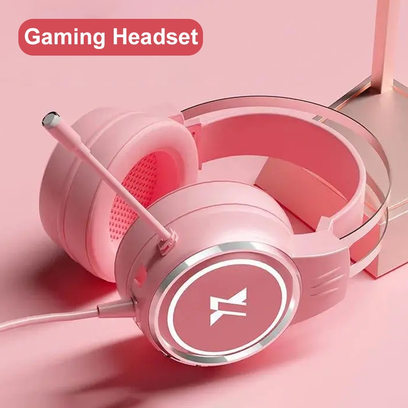 Noise Cancelling Gaming Headset Cute Pink RGB LED Light Headphones with ...