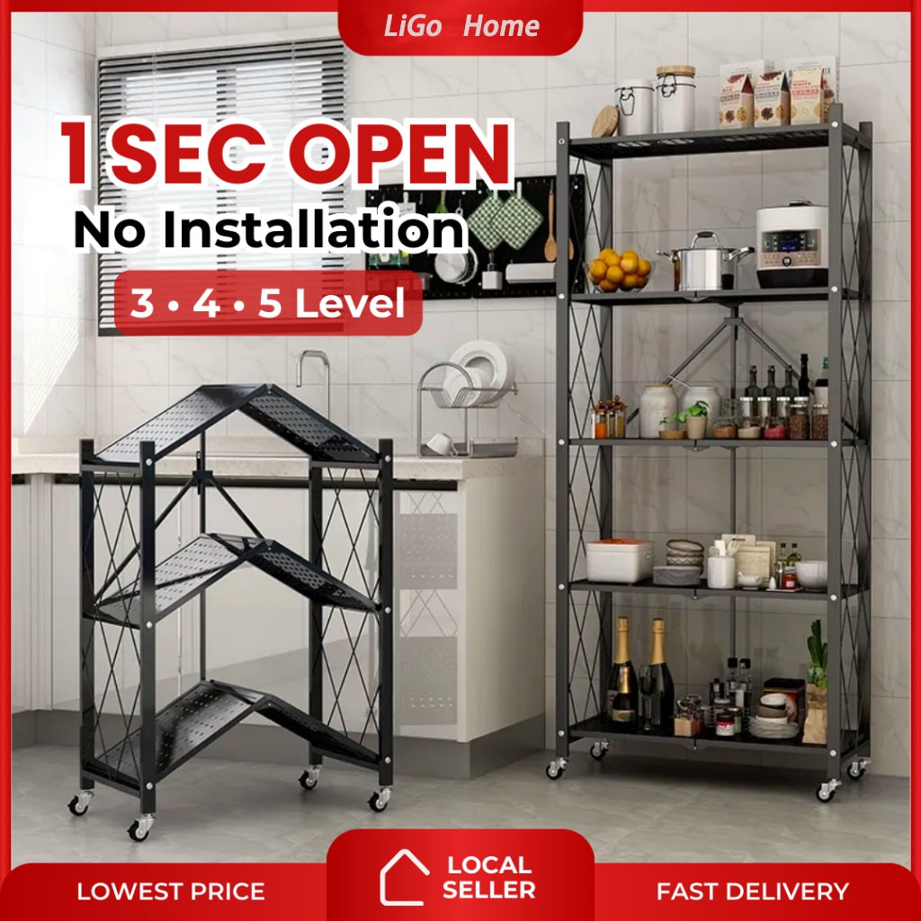 LiGo Foldable Storage Rack Free installation Microwave Rack With Wheel ...
