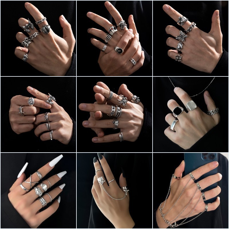 New Hip Hop Ring Metal Dark Trendy Men's Vintage Ring Set Bat Skull ...