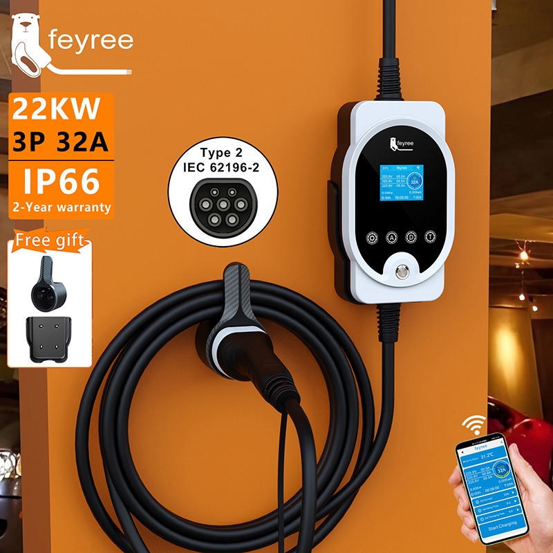 feyree 22KW EV Portable Charger 32A 3Phase Type 2 EV wallbox with Wi-Fi APP smart Mobile ...