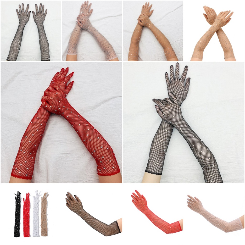 FCPH Black White Red Long Mesh Gloves With Rhinestones Hollow Fishing ...