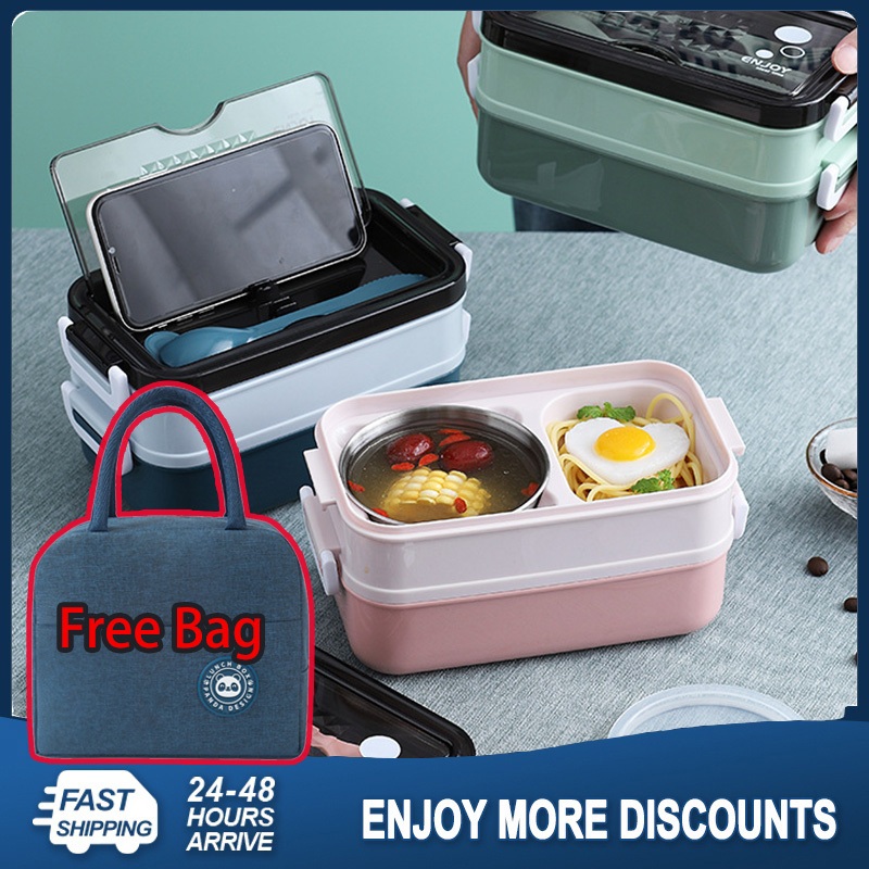 Lunch Box Set with Bag Bento Box 2 Layer Portable Stainless Steel Bento ...