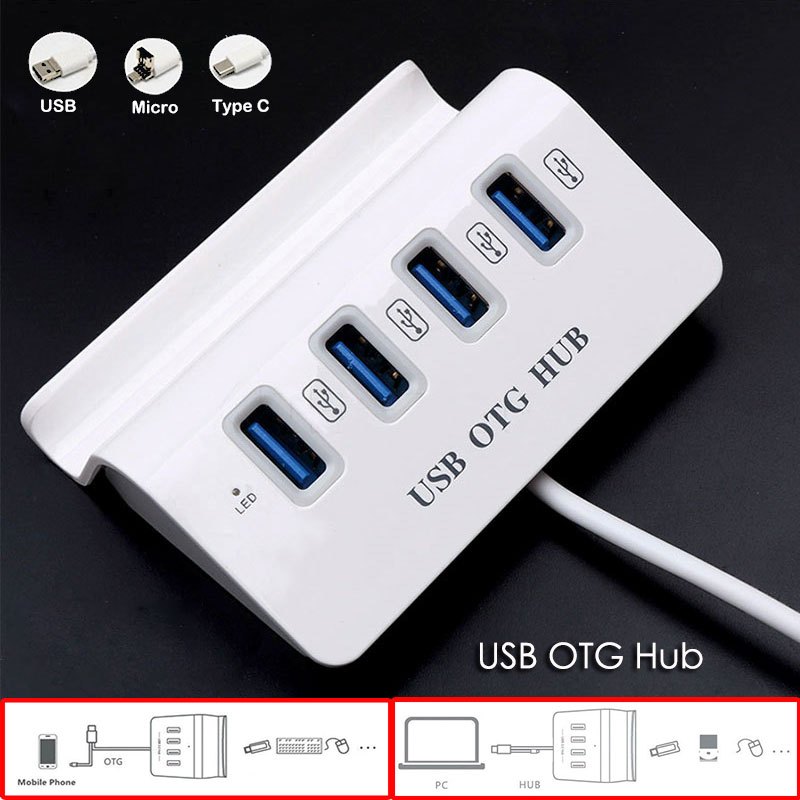 4 Port USB Hub Extension with Type C Micro USB Adapter for Smartphone ...