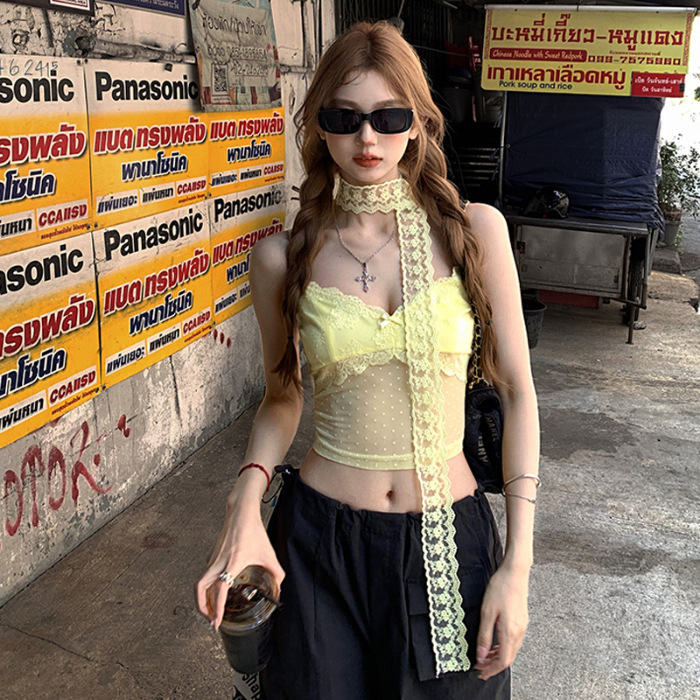 Y2k Spicy Girl Sexy Lace Mesh Suspended Tank Top For Womens 2024