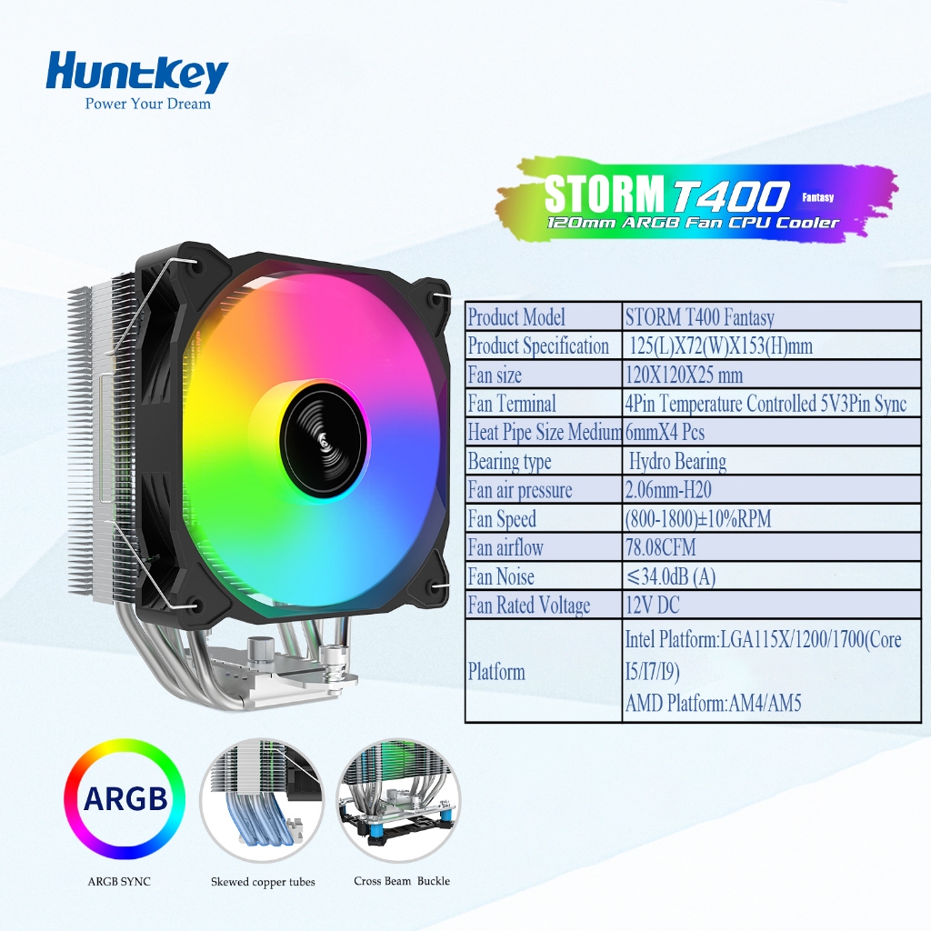 Huntkey Tower CPU Cooler Storm T400F PC Computer Metal Heat Sink 4 Pure ...