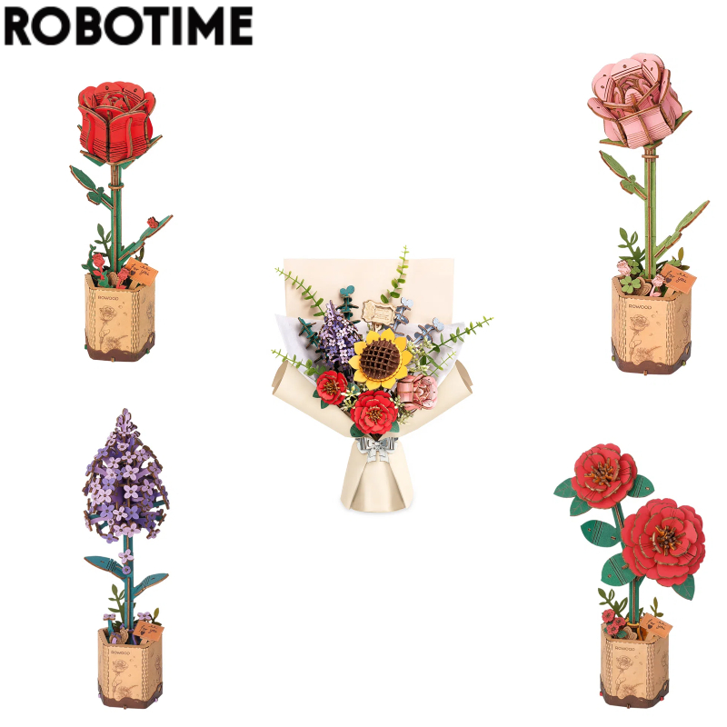 Robotime Rowood 5-Types Flowers Bouquet DIY 3D Wooden Puzzle Model Kits ...