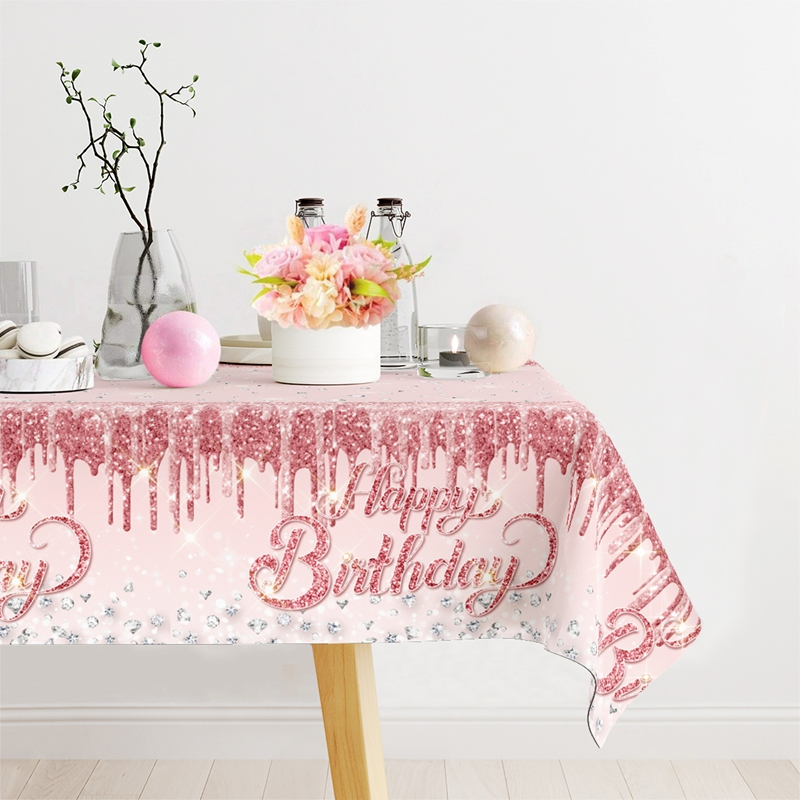 220*130cm Pink and Rose Gold Tablecloths Happy Birthday Tablecloth ...
