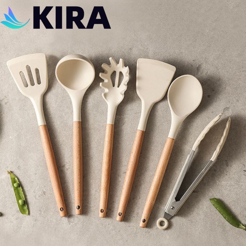 KIRA 6PCS Beige Silicone Kitchen Utensils Set Kitchenwares Non Stick ...