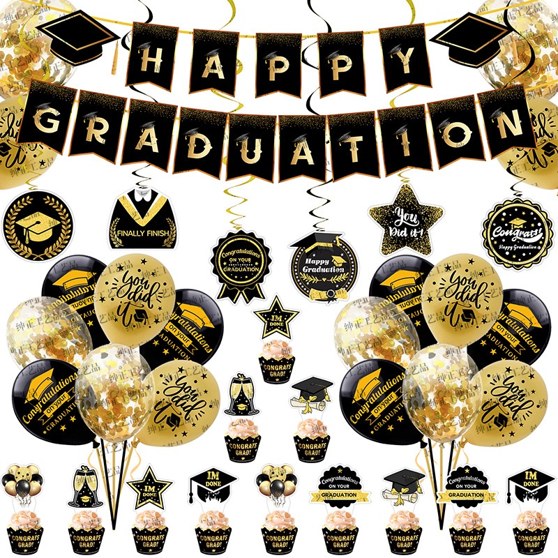 New Graduation Balloon Set Black Gold Graduation Flag Balloon Set ...