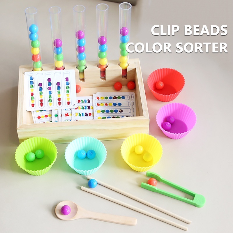 DIY Child Wooden Color Sorting Toy Montessori Clip Beads Test Tube ...