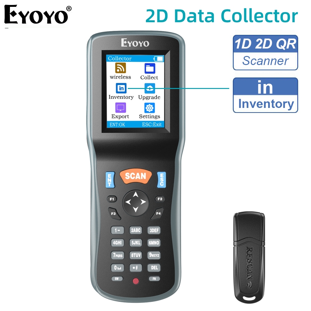 Eyoyo 1D 2D Wireless Barcode Scanner Data Collector Inventory Counter Scanner with USB Receiver ...