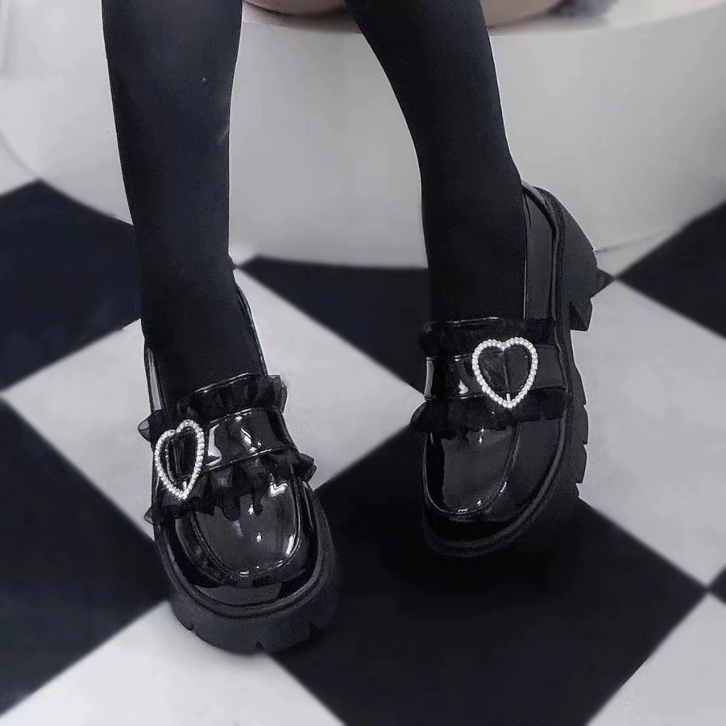 Japanese Love Diamond Lace Round Head Mid Heel Thick Sole Shoes Cute ...