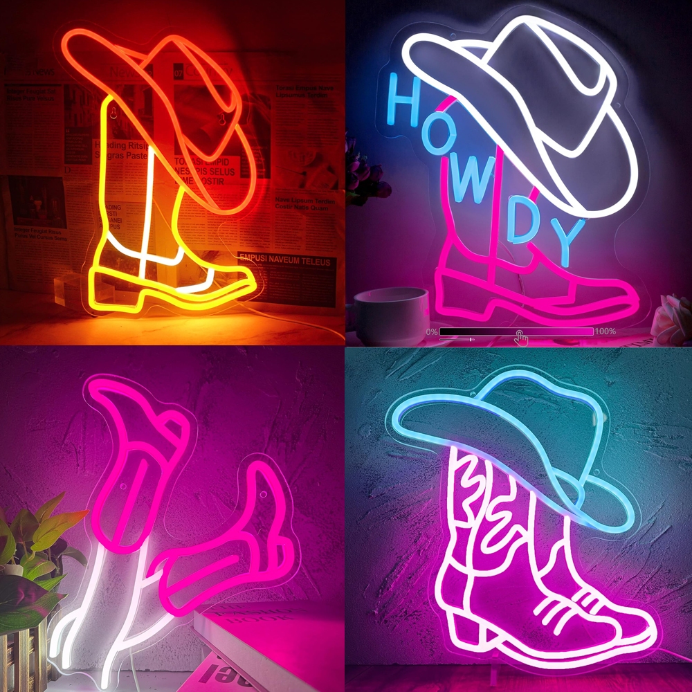 Cowboy Boot and Hat Neon Sign, LED Pink Cowgirl Boots Neon Sign Wall ...