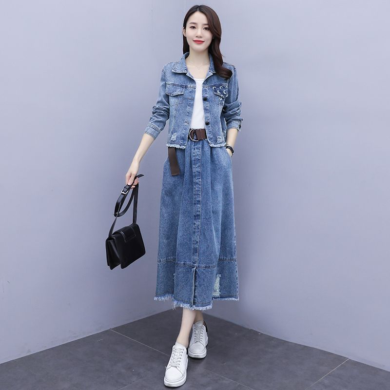 Denim terno for woman high waist Skirt suits female autumn outfit in ...