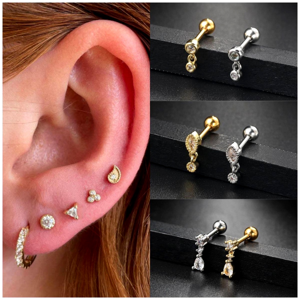 Zircon puncture ear bone nail geometric shape stainless steel twist ...