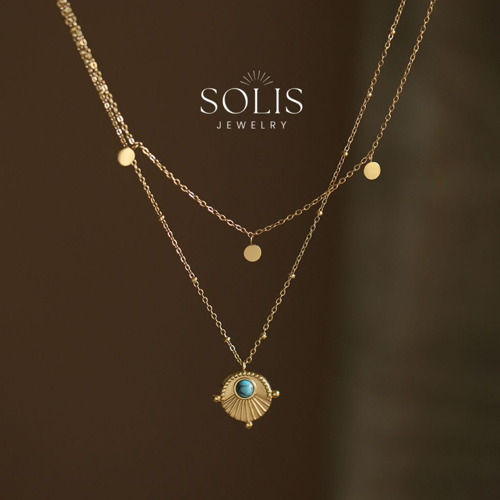 2 Layers Bohemia Compass Blue Stone Pendant Gold Chain Necklace ...