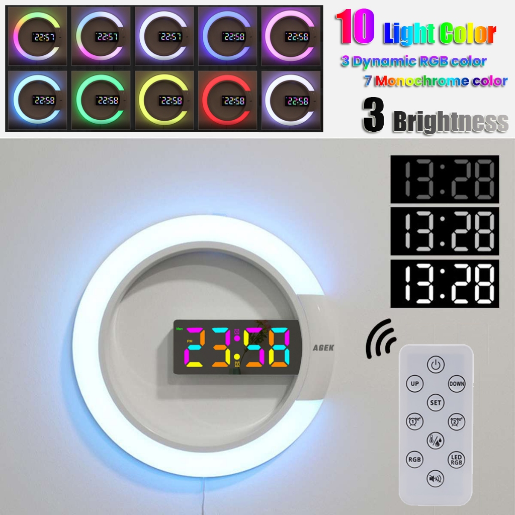LED Digital Wall Alarm Clock With Remote Control Colorful Night Light ...