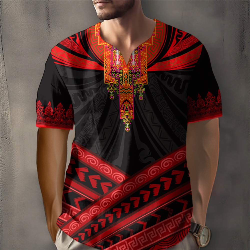 Men's ethnic clothing T-shirt, V-neck short sleeved shirt, loose ...