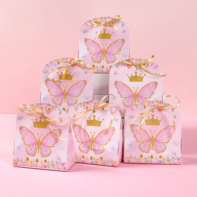 6pcs/set Pink Butterfly Candy Box Party Favor Treat Box with Ribbon ...