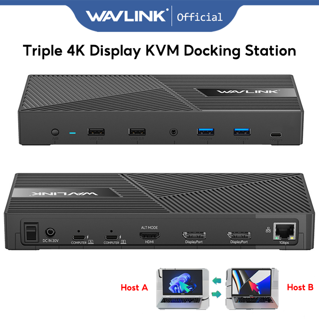 Wavlink USB-C 10G Triple 4K Display KVM Docking Station With Dual 100W Power Delivery (WL ...