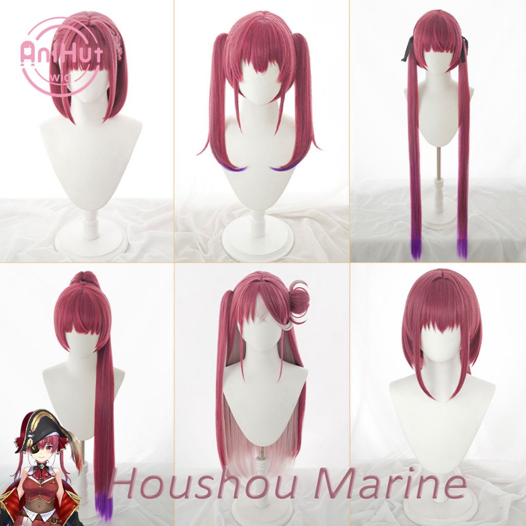 【AniHut】Youtuber Hololive Houshou Marine VTuber Red Cosplay Wigs SIX ...