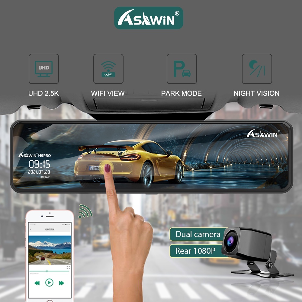 Asawin H9PRO-ST 2K-1080P Rear View Mirror Dash Cam Front And Rear For ...