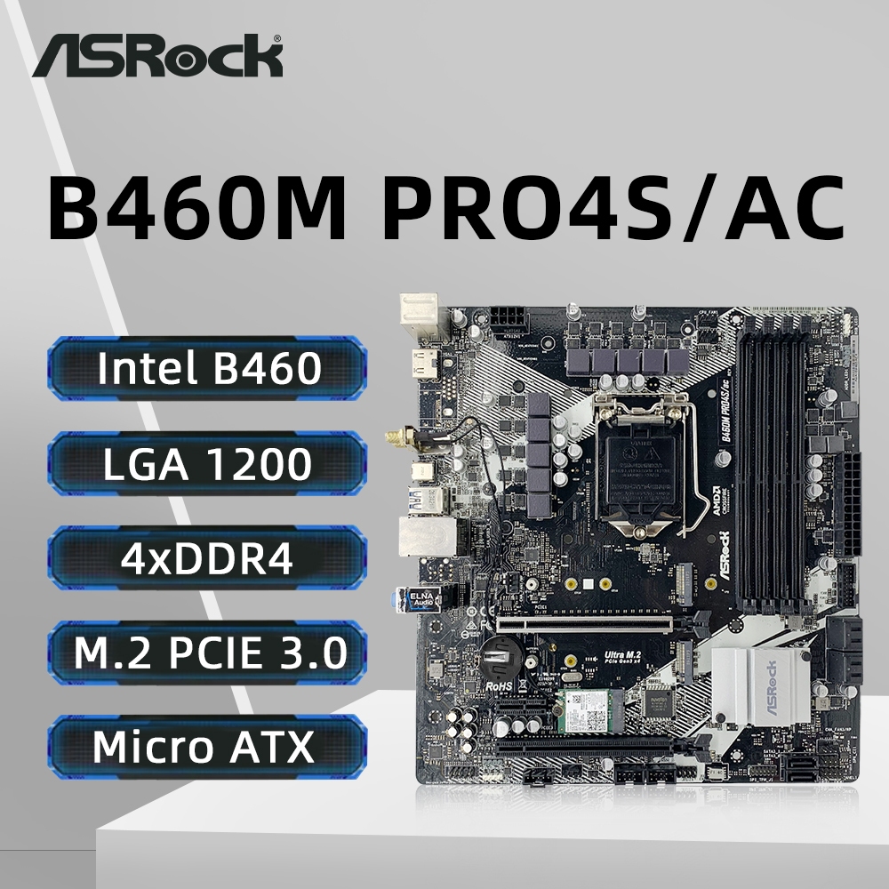 Intel B460 Motherboard ASROCK B460M PRO4S/AC Motherboard LGA 1200 DDR4 128GB SATA3 M.2 Supports ...