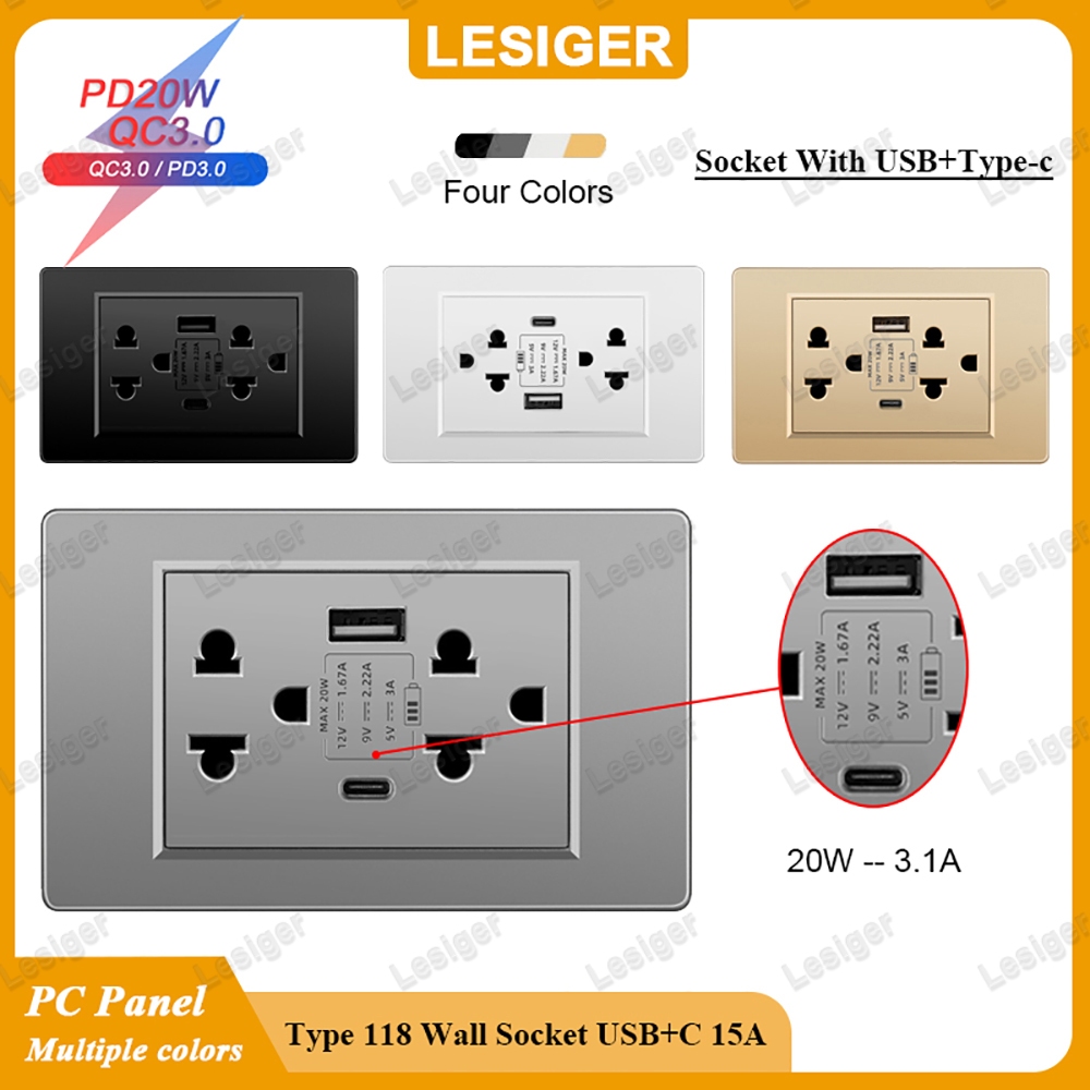 15A Wall Socket Outlet with USB and type-c Fast Charging 20W 3.1A PC ...