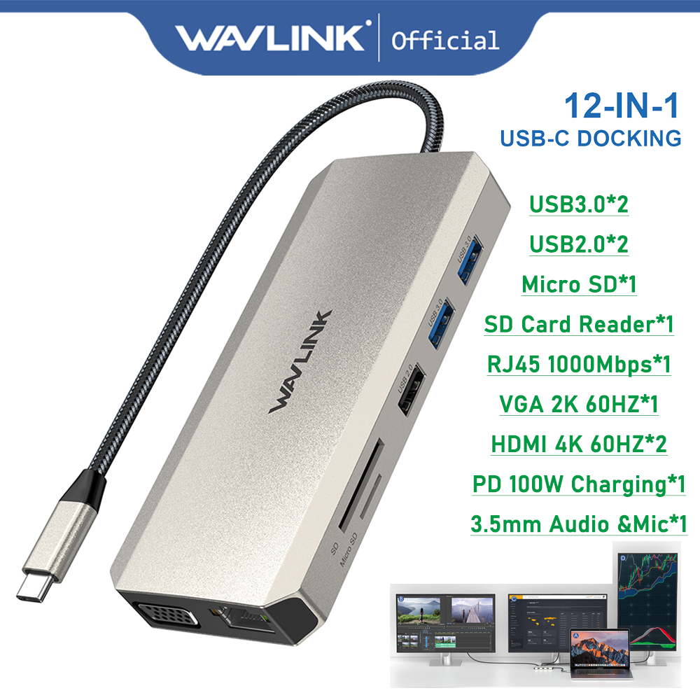 WAVLINK USB C 12-in-1 Hub Docking Station Triple Display Adapter with HDMI VGA 85W Laptop ...